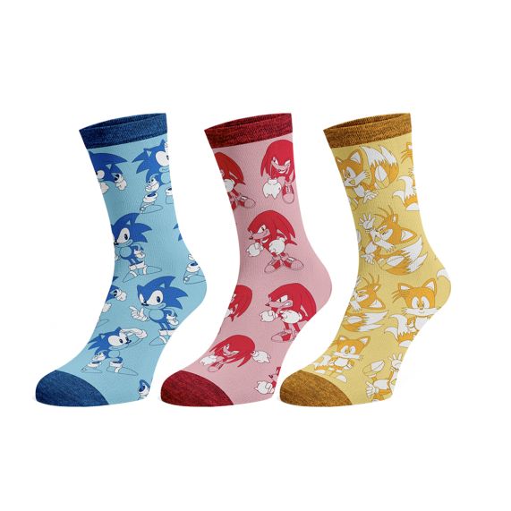SEGA Original Design Sonic The Hedgehog Knuckles Tails 3 Pack Socks ...